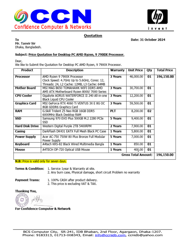 Price Quotation For Desktop PC AMD Ryzen, 9 7900X Processor. | PDF ...