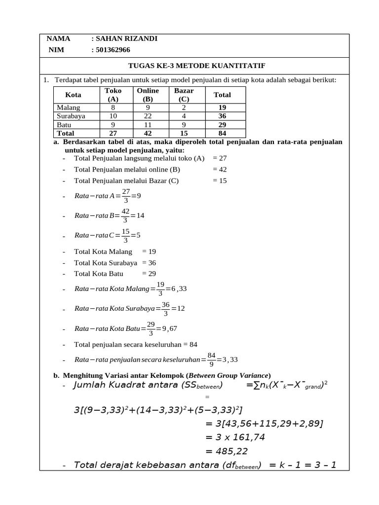 Tugas 3 - Metode Kuantitatif - Sahan Rizandi (501362966) | PDF
