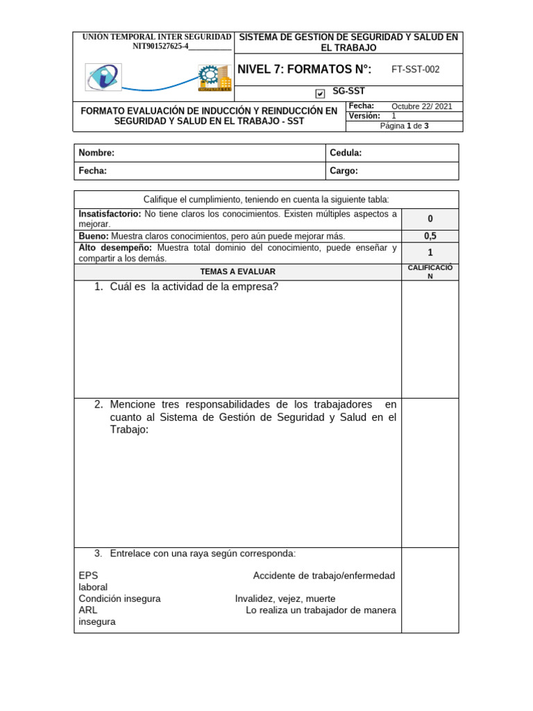 FT-SST-002 Formato Evaluación Inducción y Reinducción de SST | PDF | Negocios