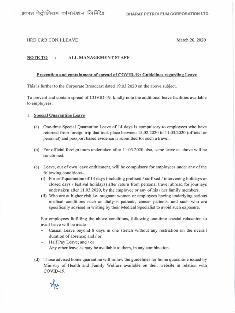 Circular Guidelines Regarding Leave COVID19 | PDF