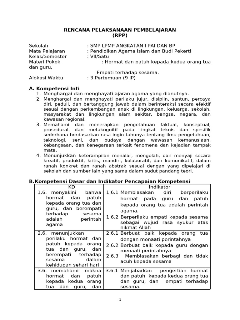 RPP KD 6 Hormat Dan Patuh Kepada Kedua Orang Tua Dan Guru | PDF | Karier & Perkembangan ...