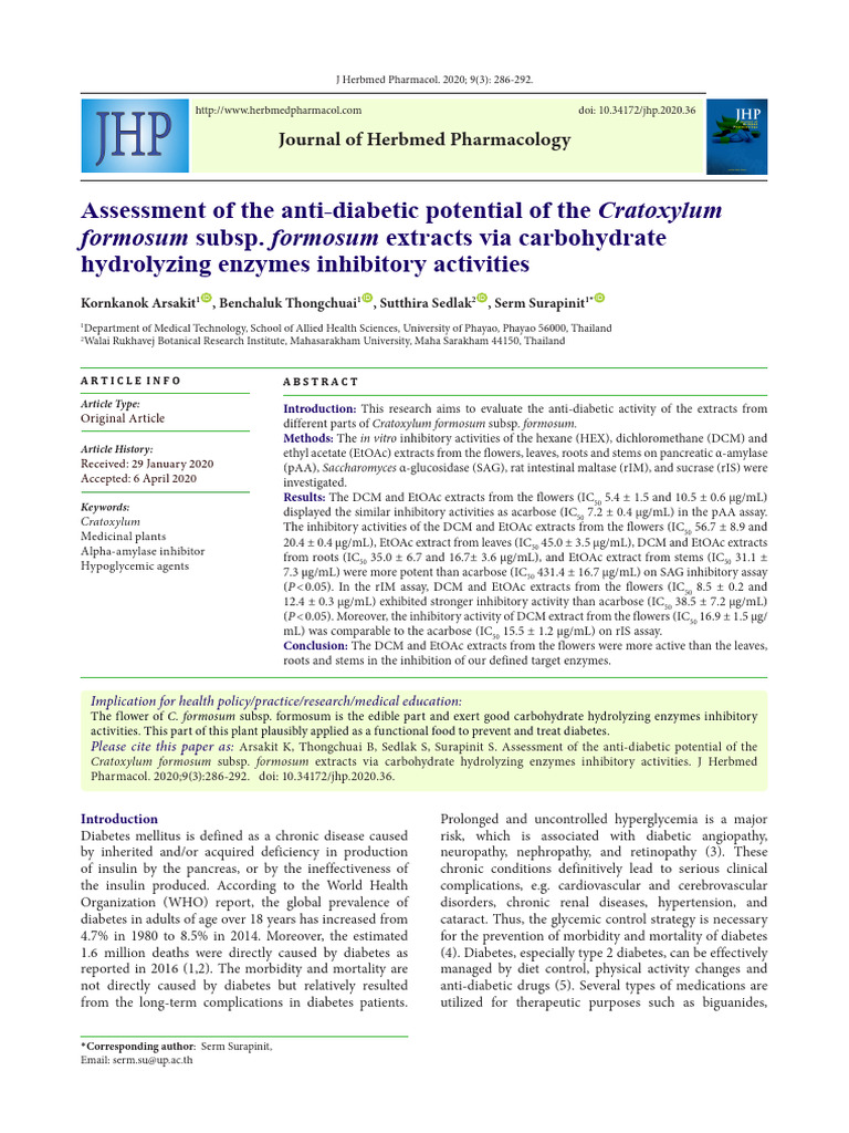 Assessment of The Anti-Diabetic Potential of The Subsp. Extracts Via Carbohydrate Hydrolyzing ...