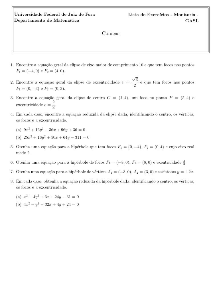 Lista C Nicas | PDF | Elipse | Geometria Elementar