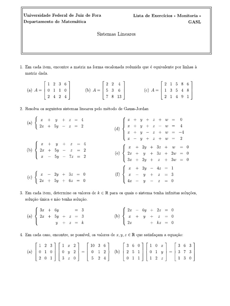 Lista de Exercícios Sistemas Lineares | PDF