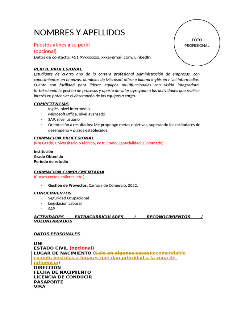 Modelo de CV (Sin Experiencia) | PDF