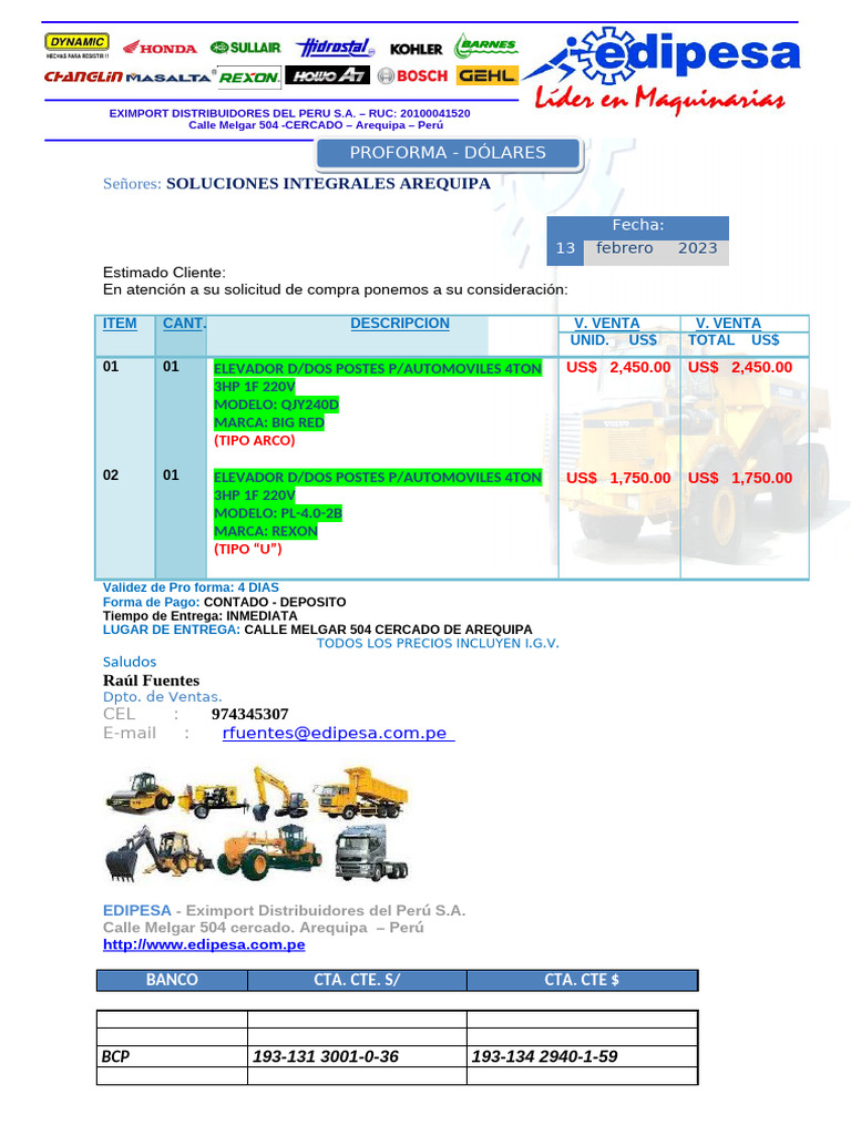 ELEVADORES BIG RED y REXON STOCK - COTIZACION DOLARES - 062810 | PDF