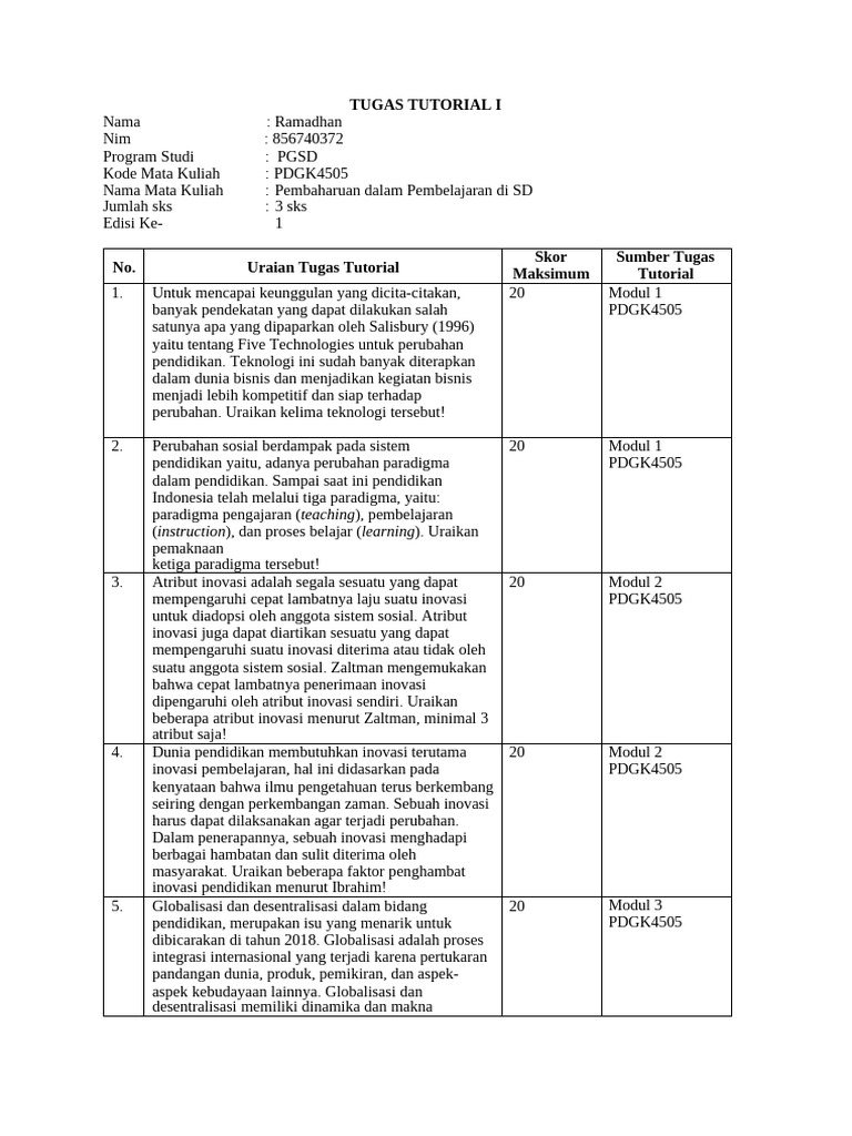 TUGAS TUTORIAL I Pembaharuan Dalam Pembelajaran Di SD | PDF | Karier & Perkembangan | Bisnis