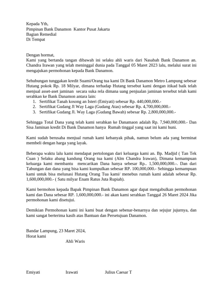 Permohonan Aw Chandra Irawan | PDF | Pengelolaan Keuangan & Uang | Hukum