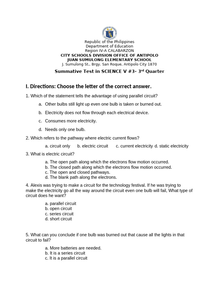 Science V Summative Test: Circuits | PDF | Series And Parallel Circuits ...