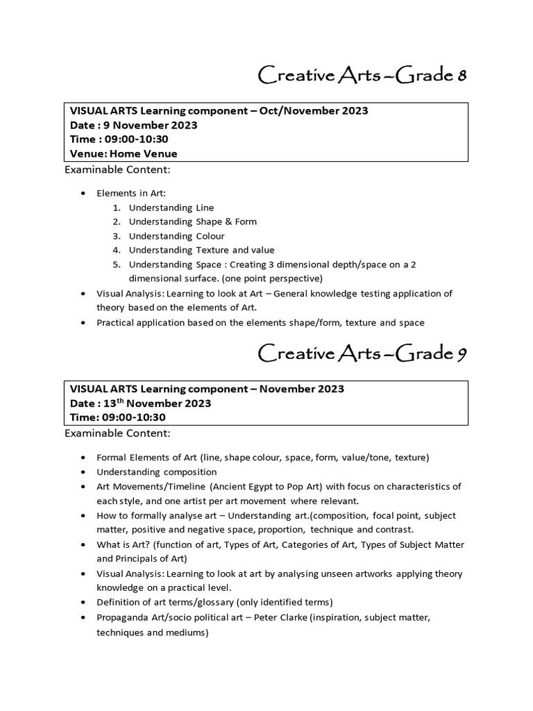 Exam Content Creative Arts Grade 8 Nov 2024 | PDF Exam Content Creative Arts Grade 8 Nov 2024 | PDF