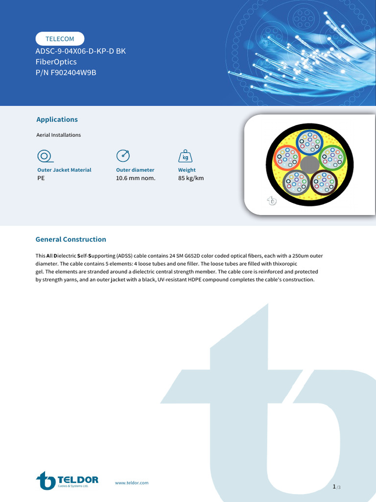Teldor PN F902404W9B | PDF | Optical Fiber | Materials Science