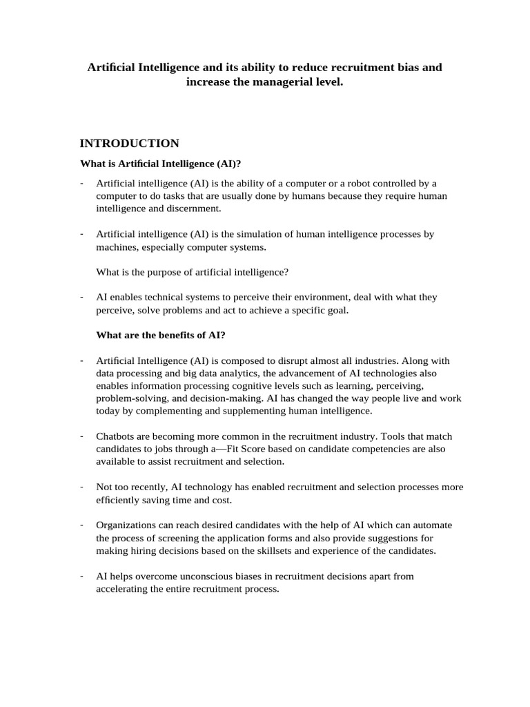 Arti Cial Intelligence and Its Ability To Reduce Recruitment Bias and ...