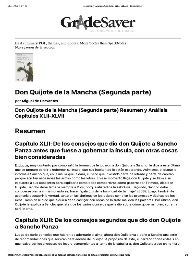 Resumen y Análisis Capítulos XLII-XLVII - GradeSaver | PDF | Don Quijote
