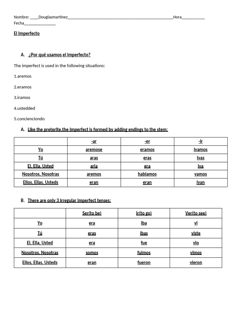 Imperfect Worksheets | PDF | Artes del Lenguaje y Comunicación | Arte