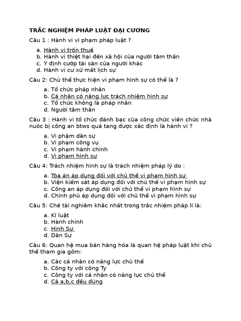 Trac Nghiem Phap Luat Dai Cuong 1 | PDF