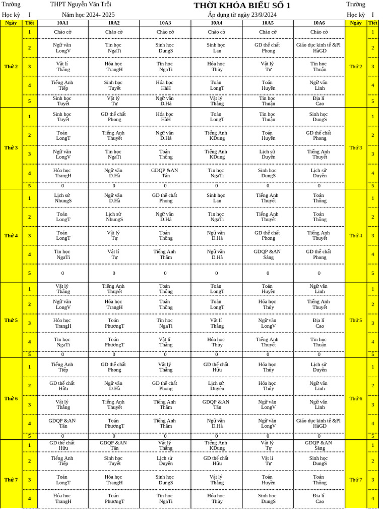 TKB Năm Học 2024 2025 Kỳ I Số 2. Áp Dụng Từ 23.9.2024 | PDF