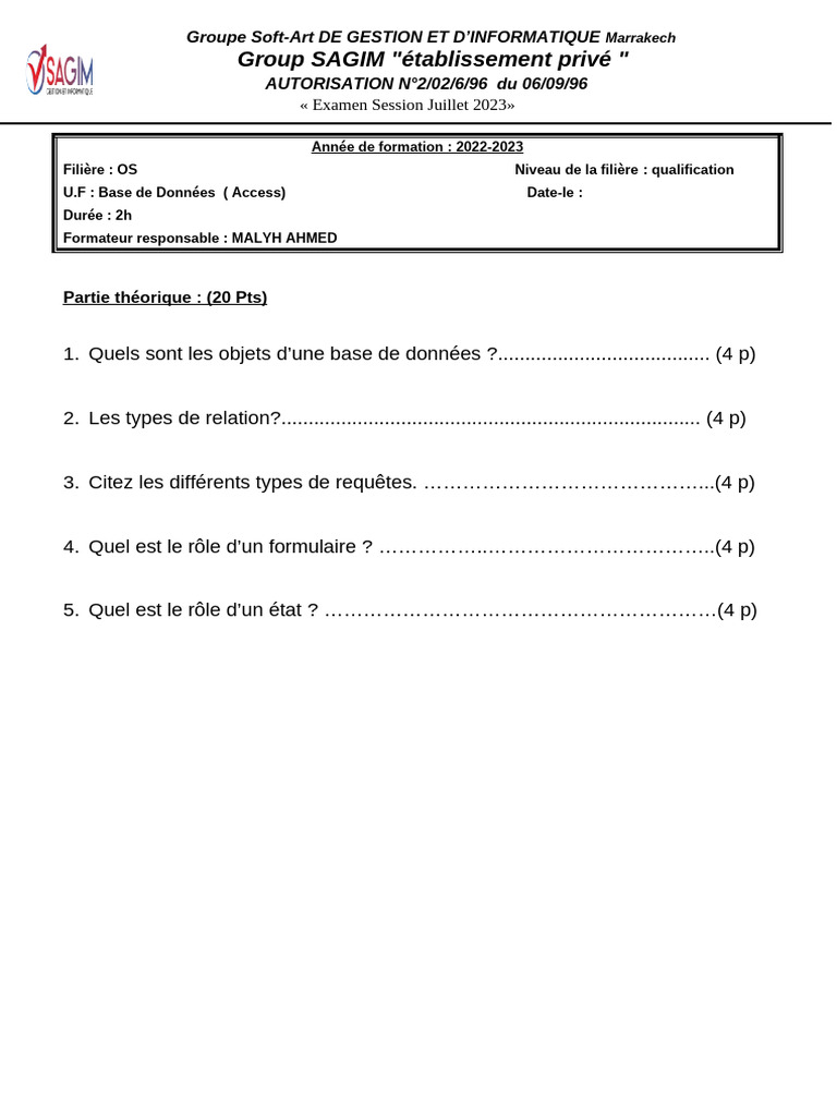 Examen de Base de Données Access 2023 | PDF | Microsoft Access | Bases ...