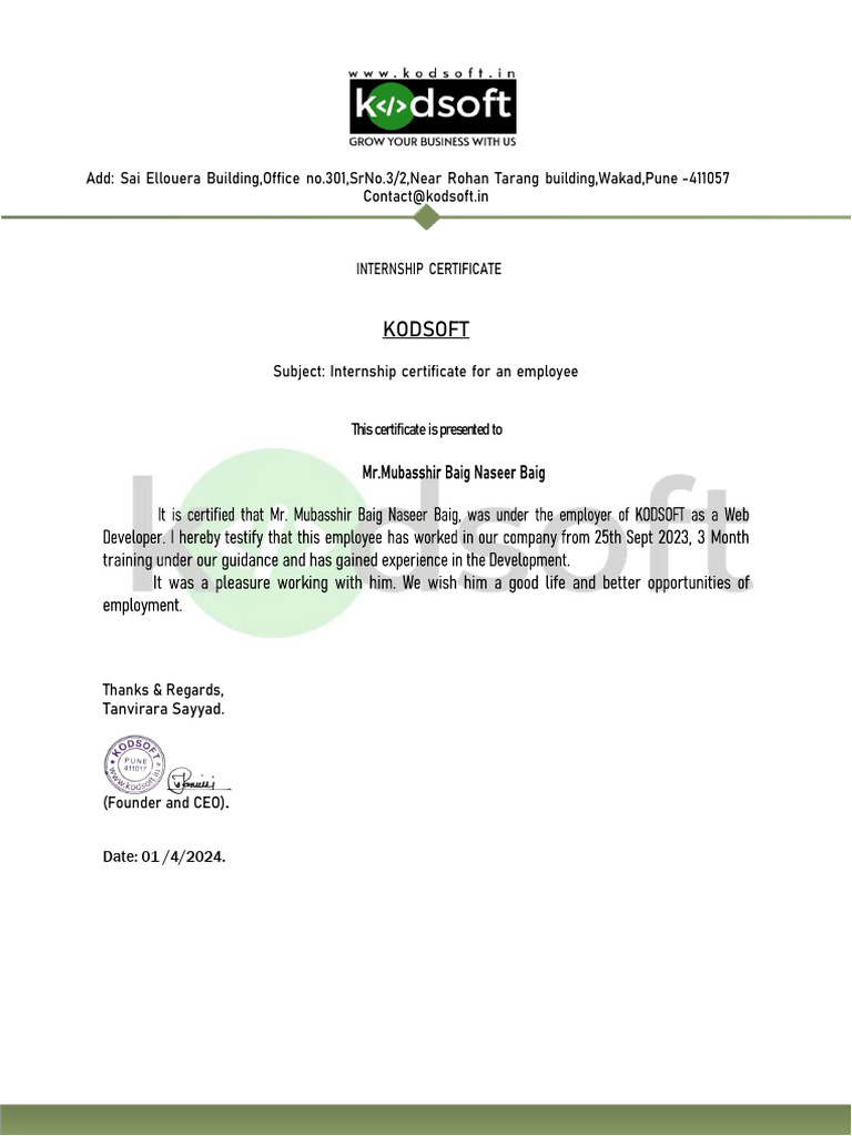 INTERNSHIPLETTER - MR - Mubasshir Baig Naseer Baig | PDF