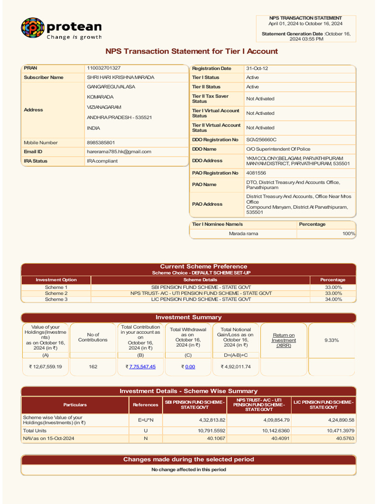 NPS Transaction Statement For Tier I Account: Current Scheme Preference ...
