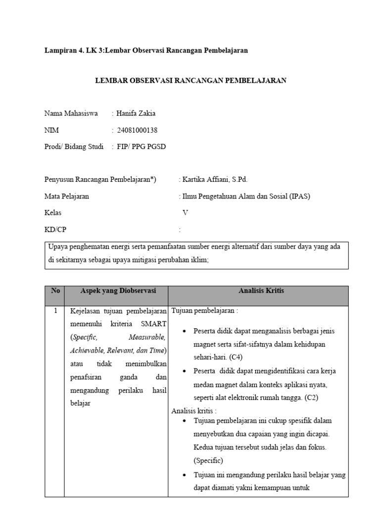 LK 3 PPL 1 Hanifa Zakia - 24081000138 - PGSD 4 - LK 3 Lembar Observasi Rancangan Dan Perangkat ...