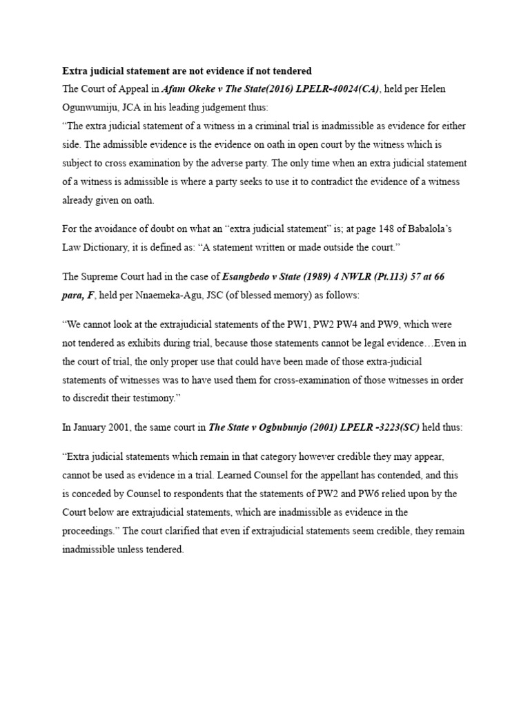 Inadmissibility of Extrajudicial Statements | PDF | Witness | Evidence ...
