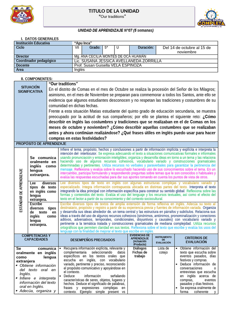 Unidad 7 - 5th Grade | PDF | Aprendizaje | Idioma en Inglés
