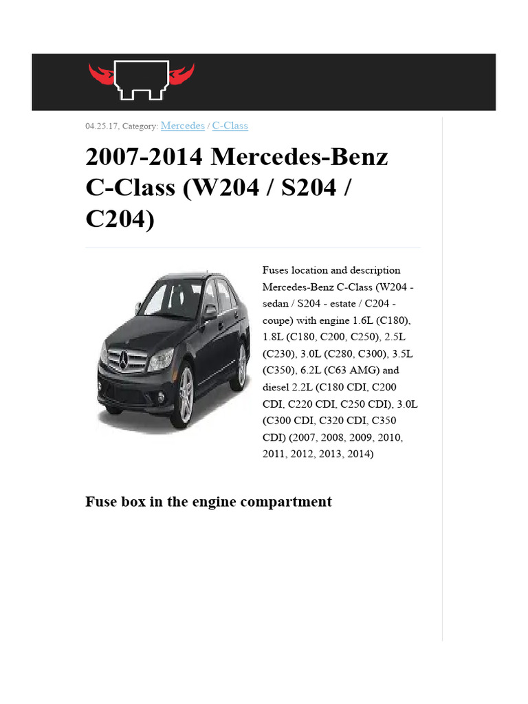 '07-'14 Mercedes-Benz C-Class (W204 - S204 - C204) Fuse Box Diagram ...