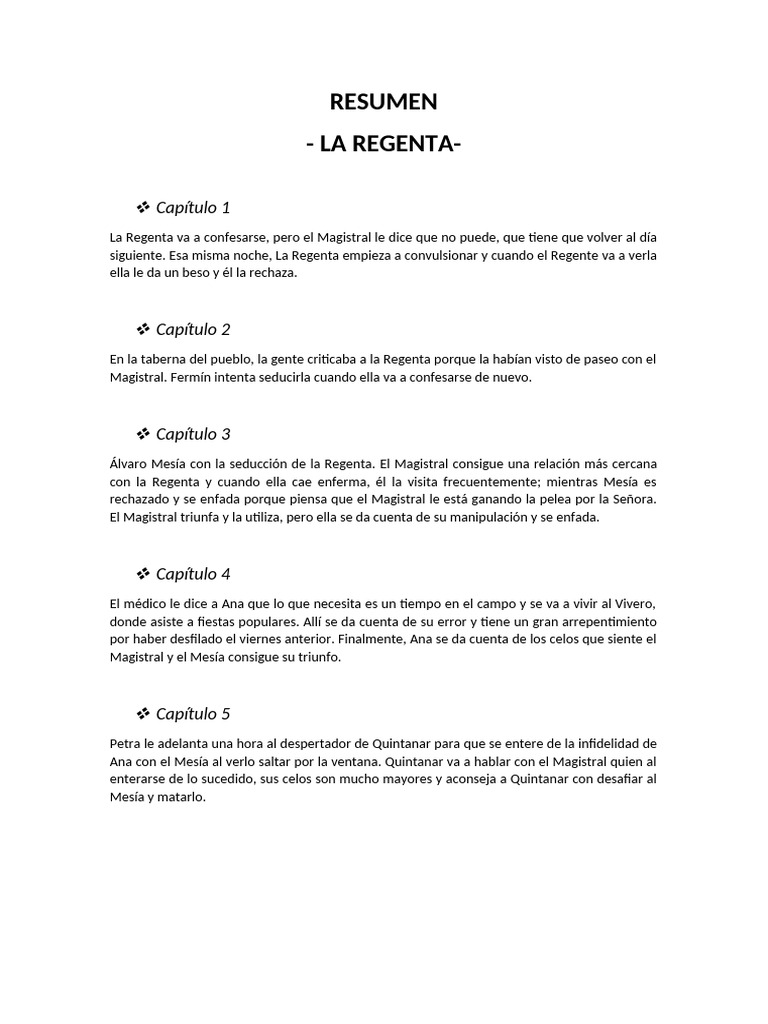 Resumen de "La Regenta" por capítulos | PDF