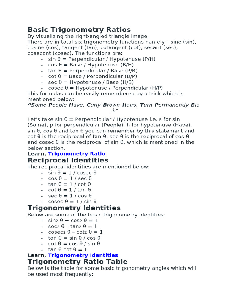 Trigonometry Formula | PDF | Trigonometric Functions | Trigonometry