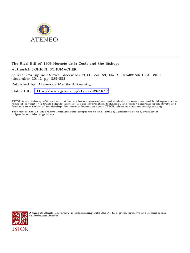 Rizal Bill of 1956: De la Costa's Role | PDF | Catholic Church | Faith