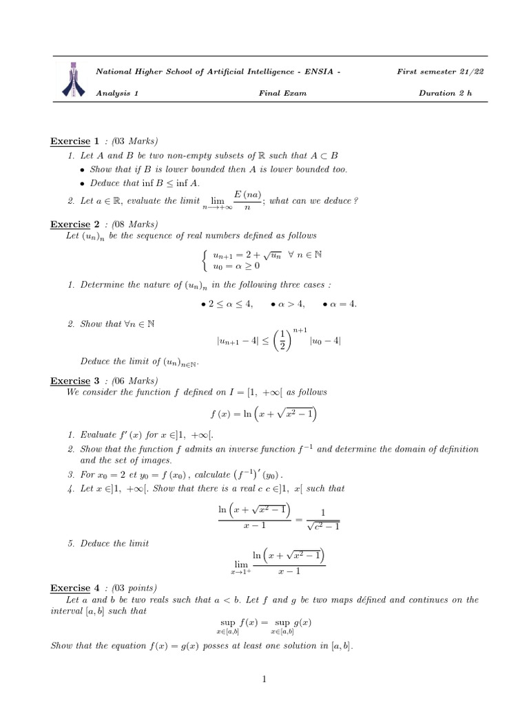Examen Fina English Versionl Analyse I | PDF | Function (Mathematics ...