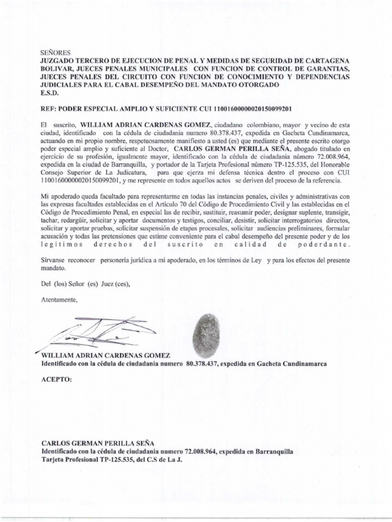 Poder Otorgado Por El Ciudadano William Adrian Cardenas Gomez Al DR ...