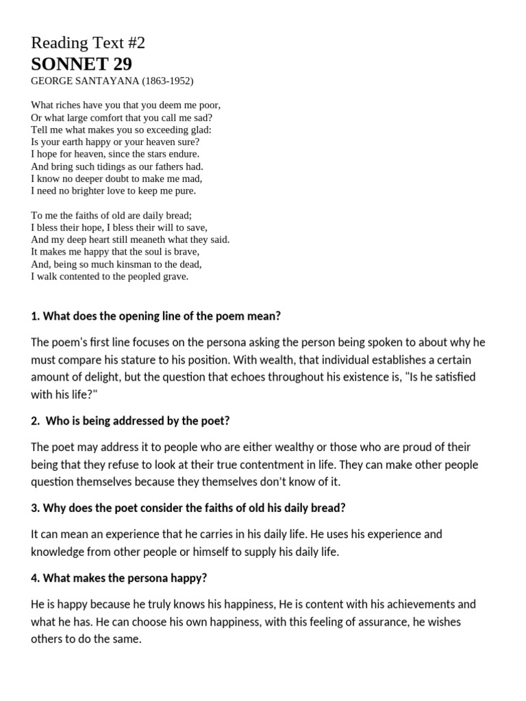 Reading Text - SONNET 29 GEORGE SANTAYANA (1863-1952) | PDF | Religion ...
