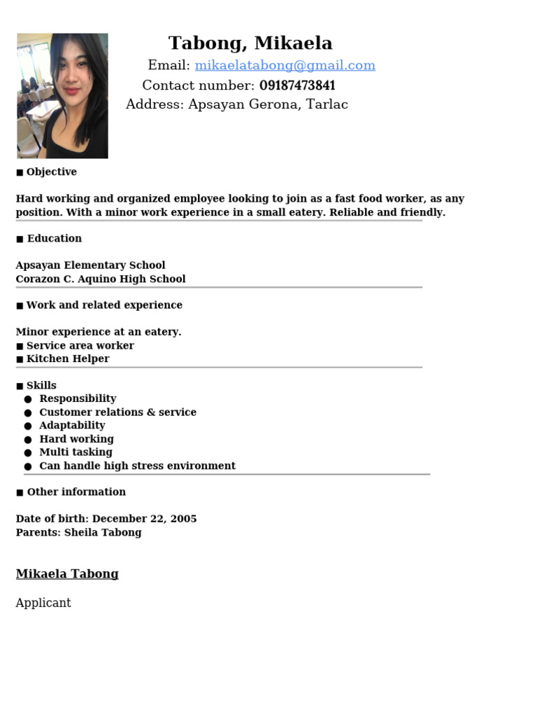 Tabong, Mikaela: Email: Contact Number: Address: Apsayan Gerona, Tarlac | PDF | Career & Growth ...