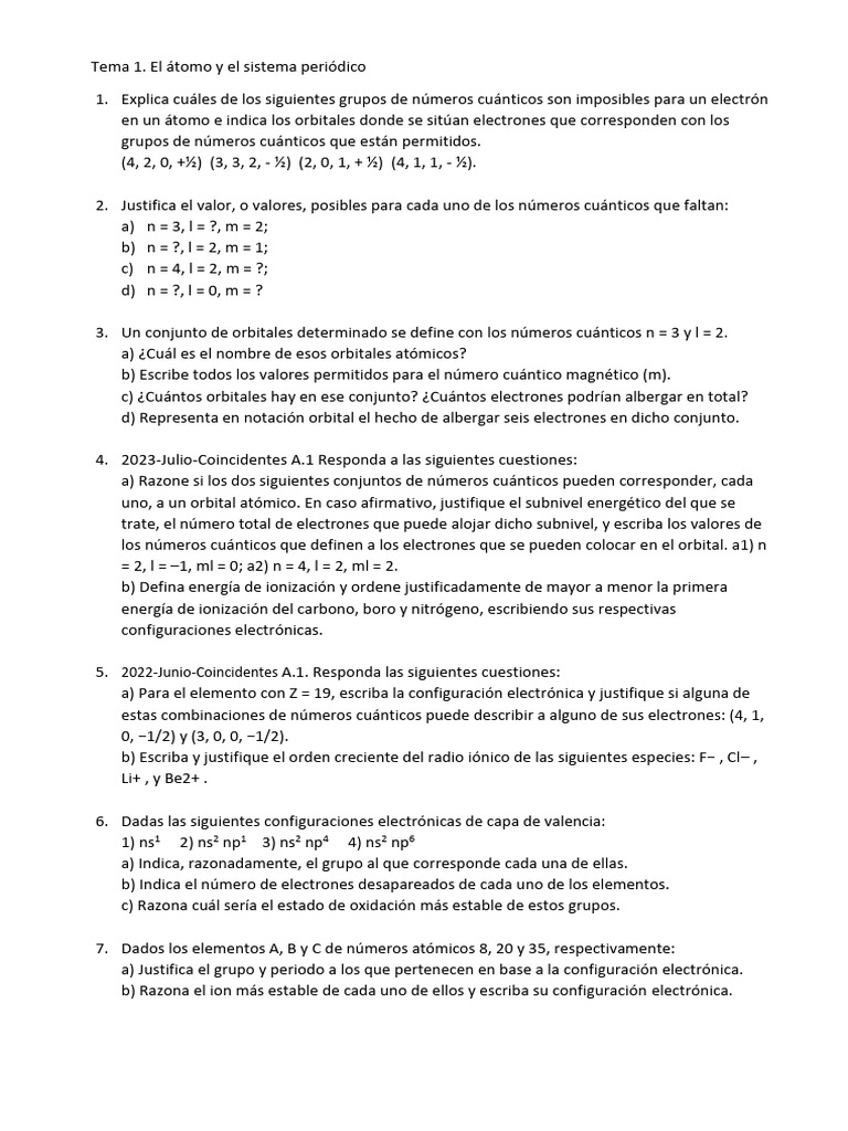 Tema 1. EJERCICIOS El Átomo y La Tabla Periódica | PDF | Orbital atómico | Ion