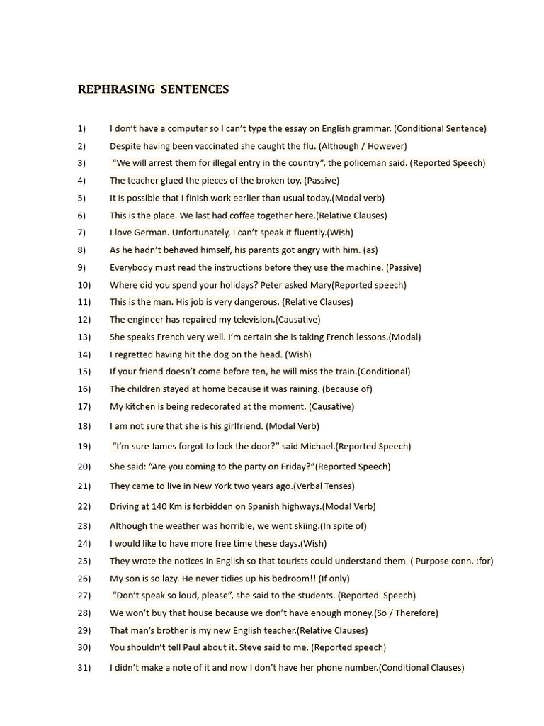 REPHRASING SENTENCES - 1) Bueno | PDF