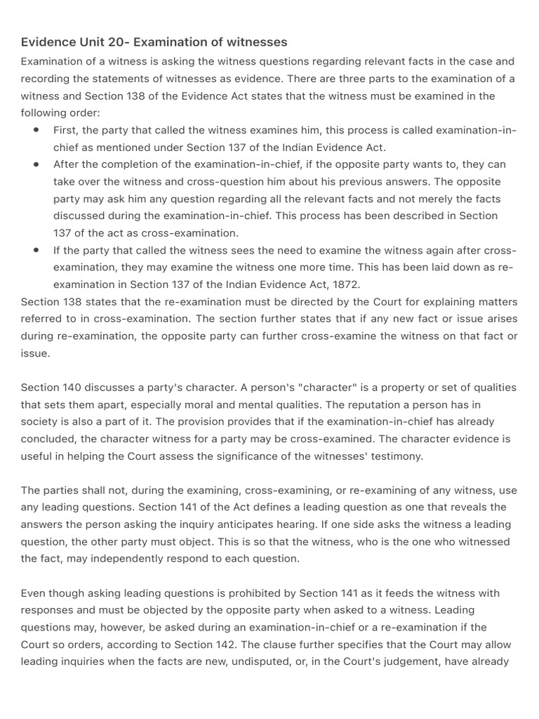 Evidence Unit 20 - Examination of Witnesses | PDF | Witness | Cross ...