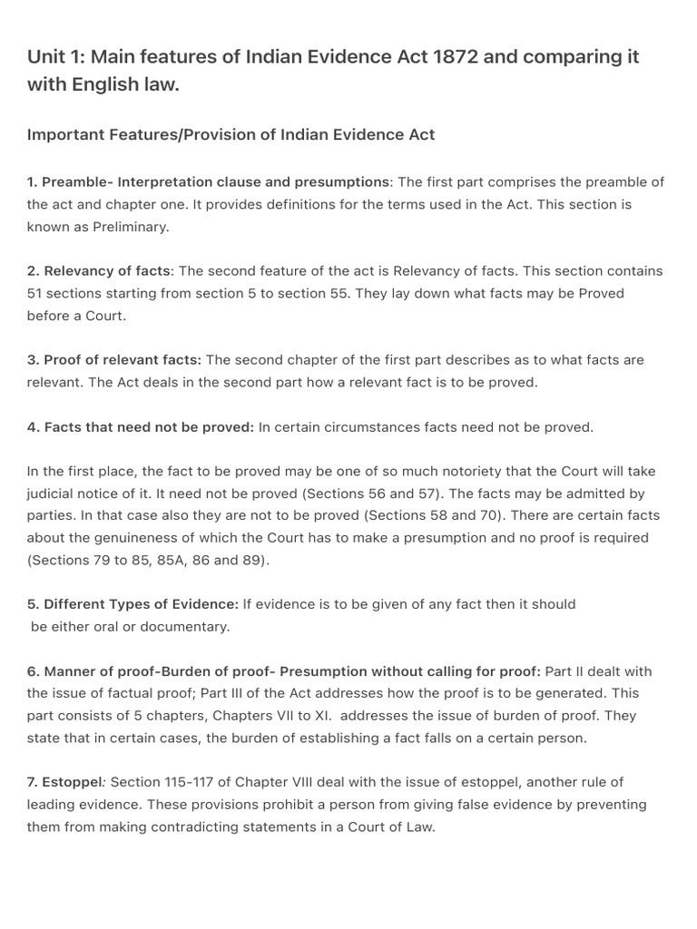 Main Features of Indian Evidence Act 1872 | PDF | Evidence (Law) | Witness