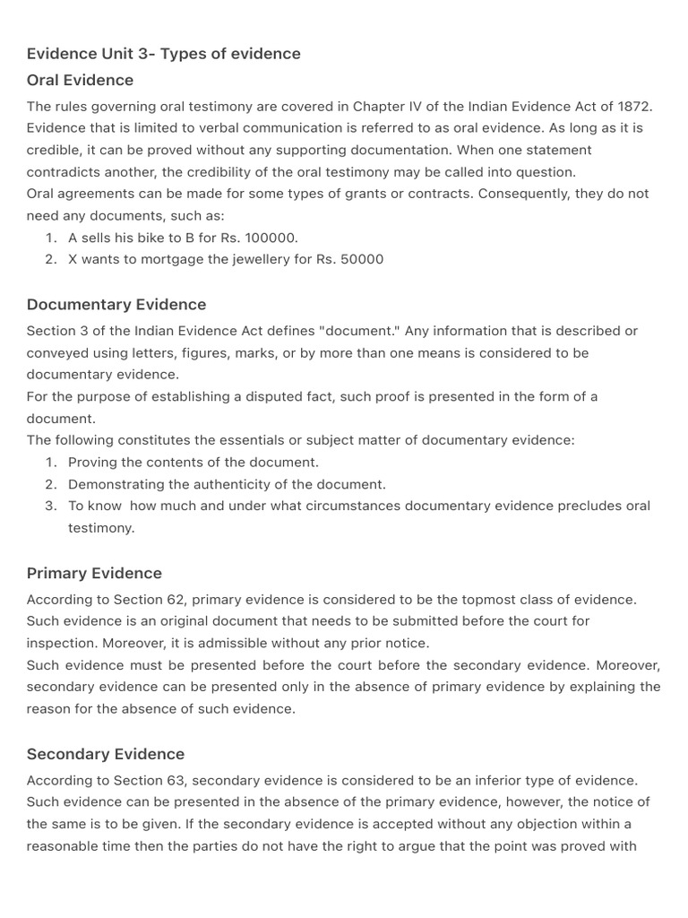 Evidence Unit 3 - Types of Evidence | PDF | Witness | Evidence