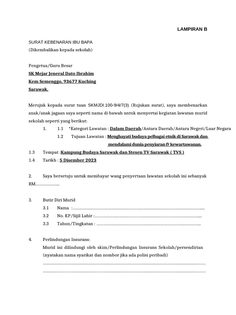 Lampiran B Kebenaran Ibu Bapa | PDF