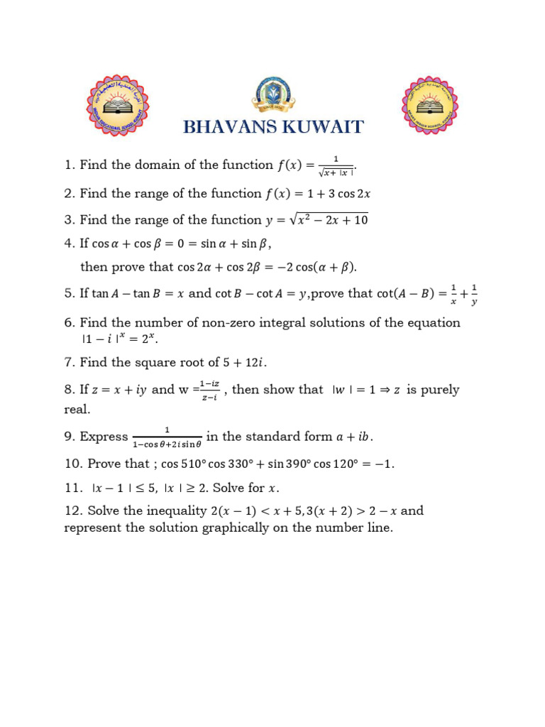 Class 11 - HYE Revision MATH. - Q & A | PDF | Inequality (Mathematics) | Complex Analysis
