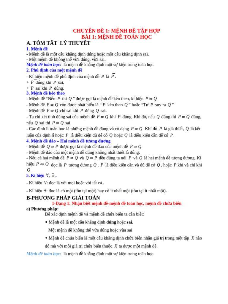 Phan Dang Va Bai Tap Menh de Va Tap Hop | PDF