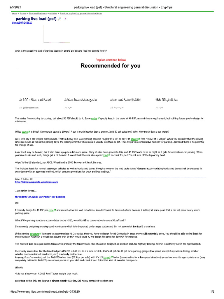 Parking Live Load (PSF) - Structural Engineering General Discussion ...