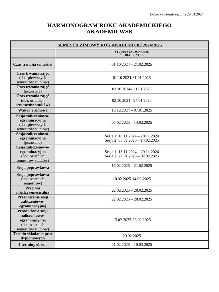 Harmonogram Roku Akademickiego 2024 2025 Studia Stacjonarne | PDF