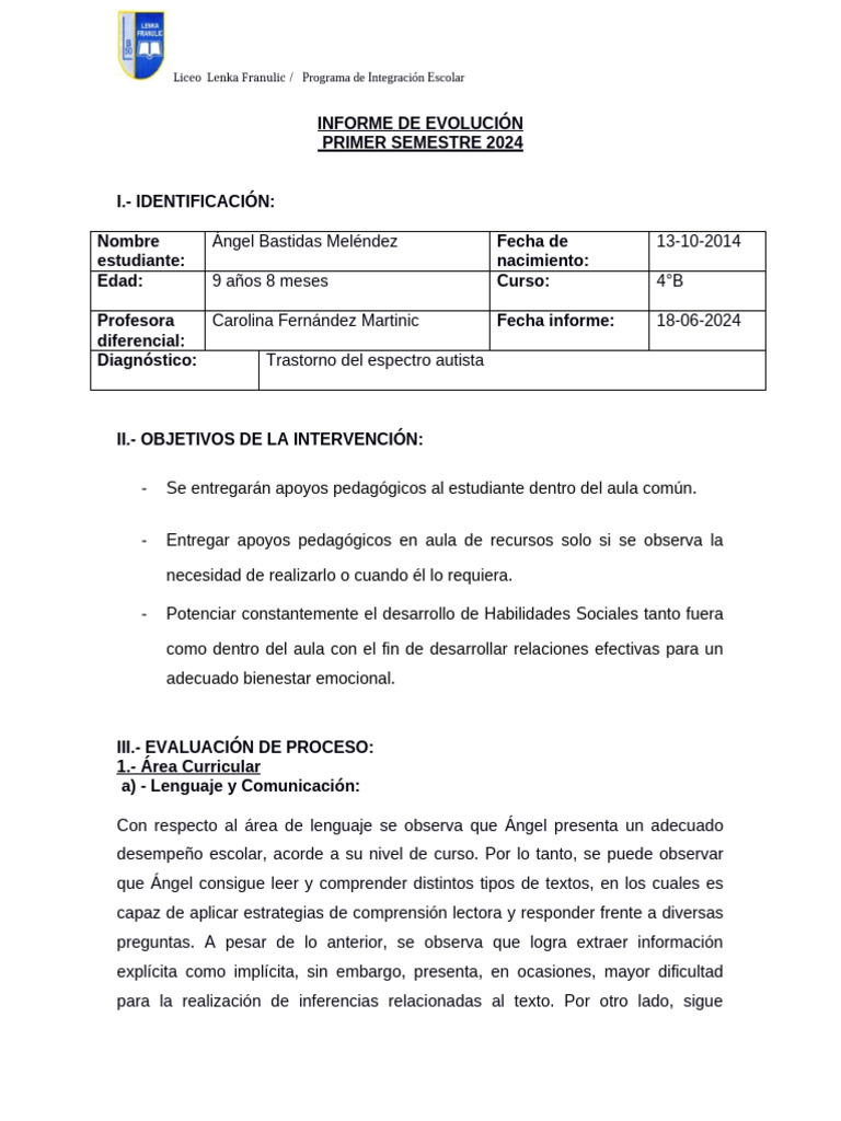 Ángel Bastidas INFORME EVOLUTIVO Junio 2024 | PDF | Cognición