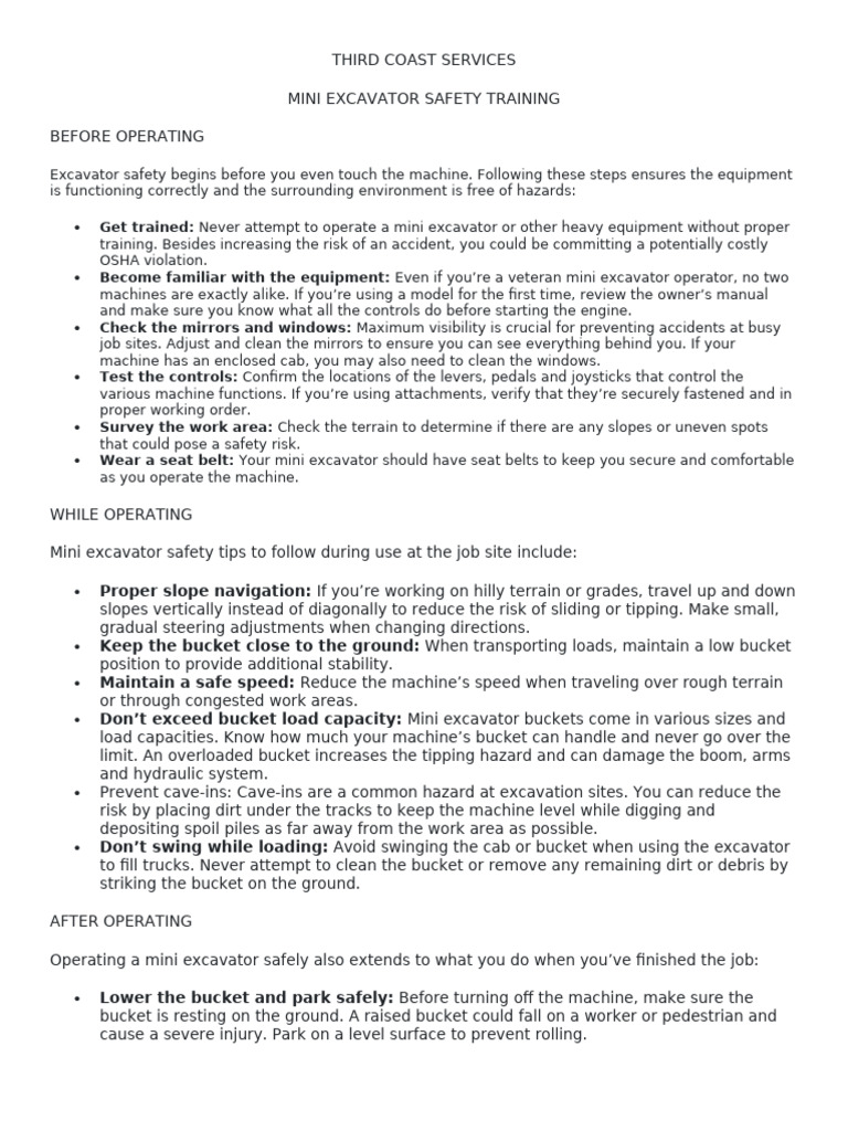 TCS Mini Excavator Training | PDF | Vehicles | Manufactured Goods