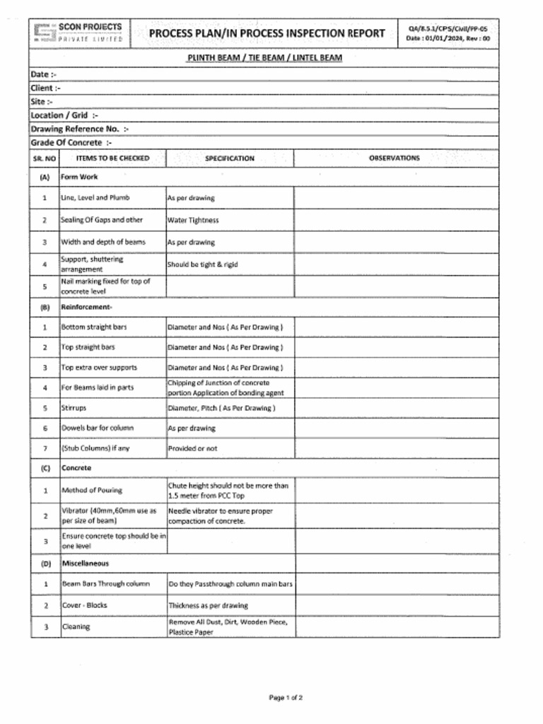 PP-05 - Civil Checklist - Plinth Beam, Tie Beam, Lintel Beam | PDF