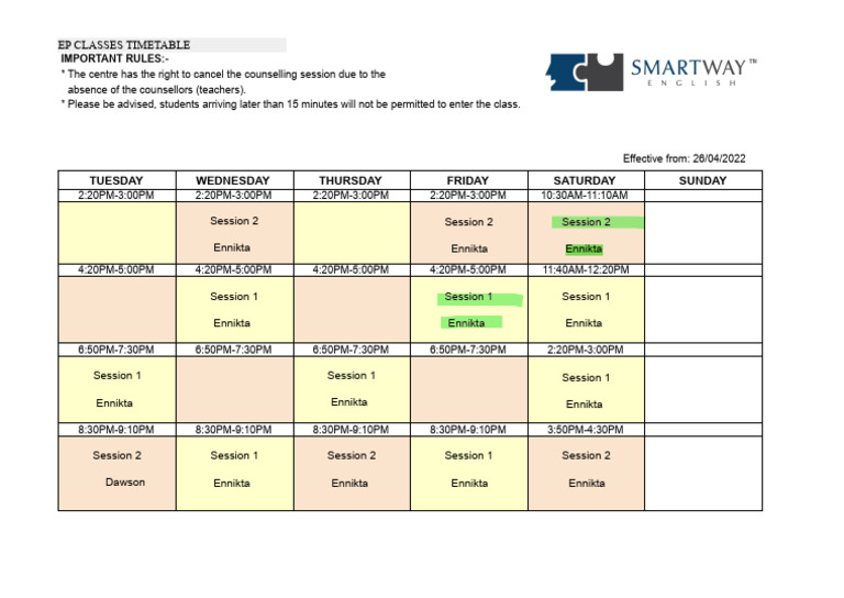 EP CLASSES TIMETABLE (Latest) | PDF