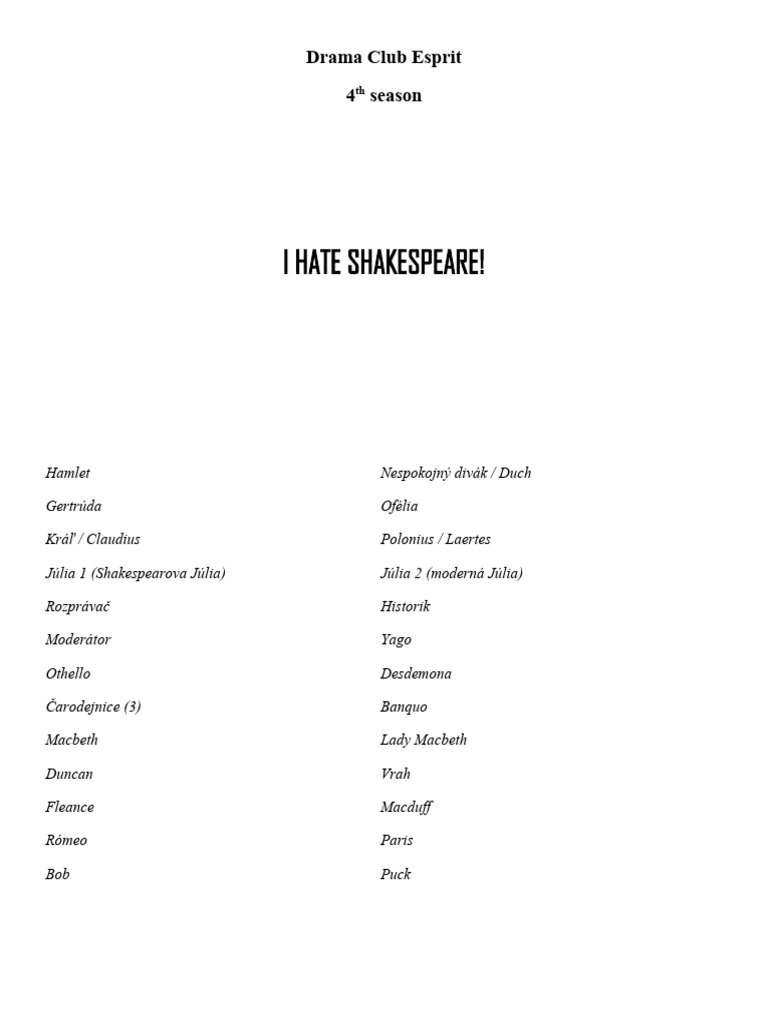 I Hate Shakespeare! - Script For Drama Clubs | PDF