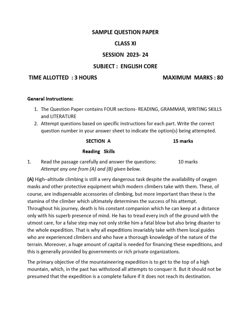 HBSE Class 11 English Core Sample Paper 2024 | PDF | Mountaineering ...